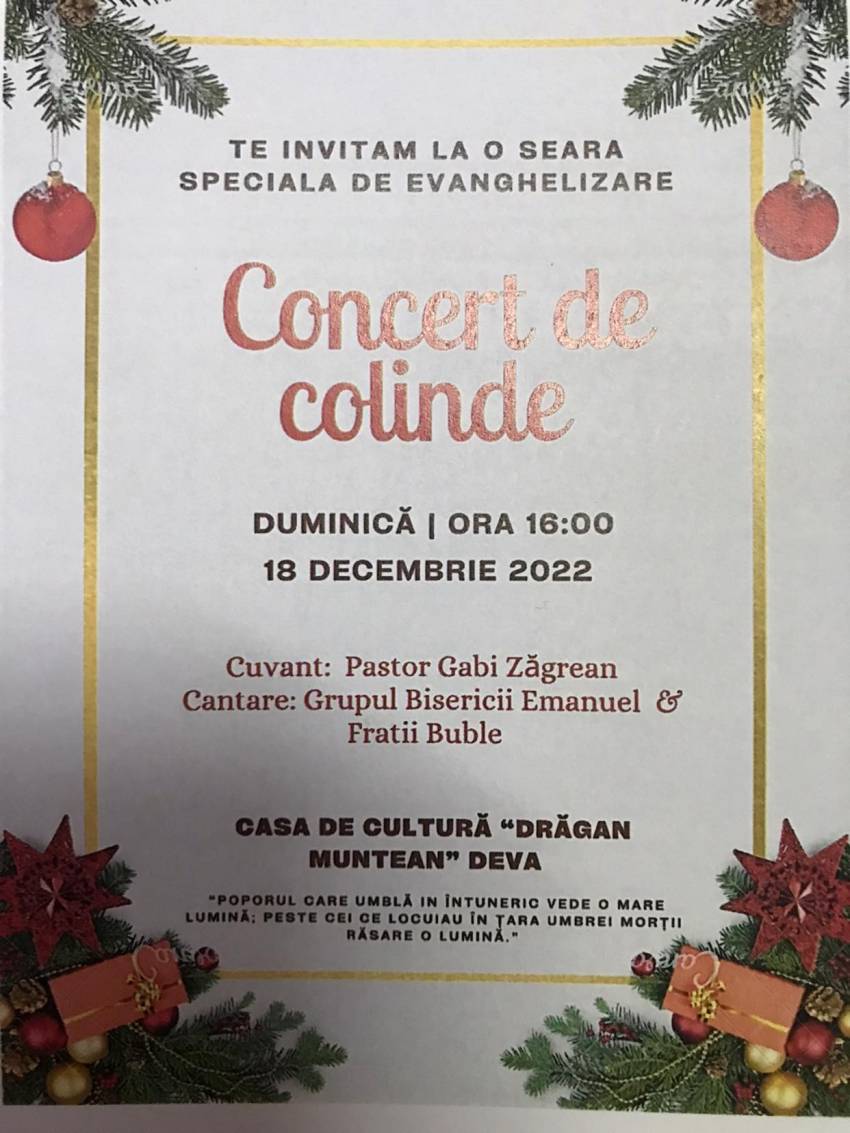 Concert de colinde la Centrul Cultural Drăgan Muntean Deva - NewsNet ...